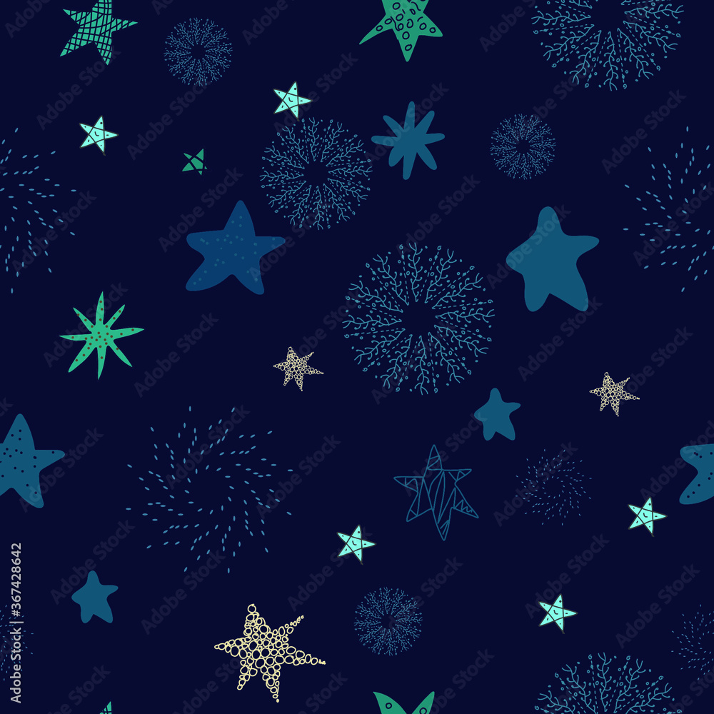 Seamless Starry Nights Theme Blue Stars with Blue background vector ...