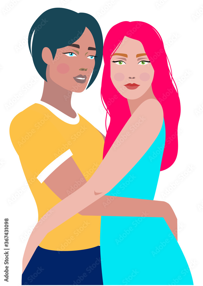 Young Beautiful And Happy Lesbian Couple Embracing Vector Flat