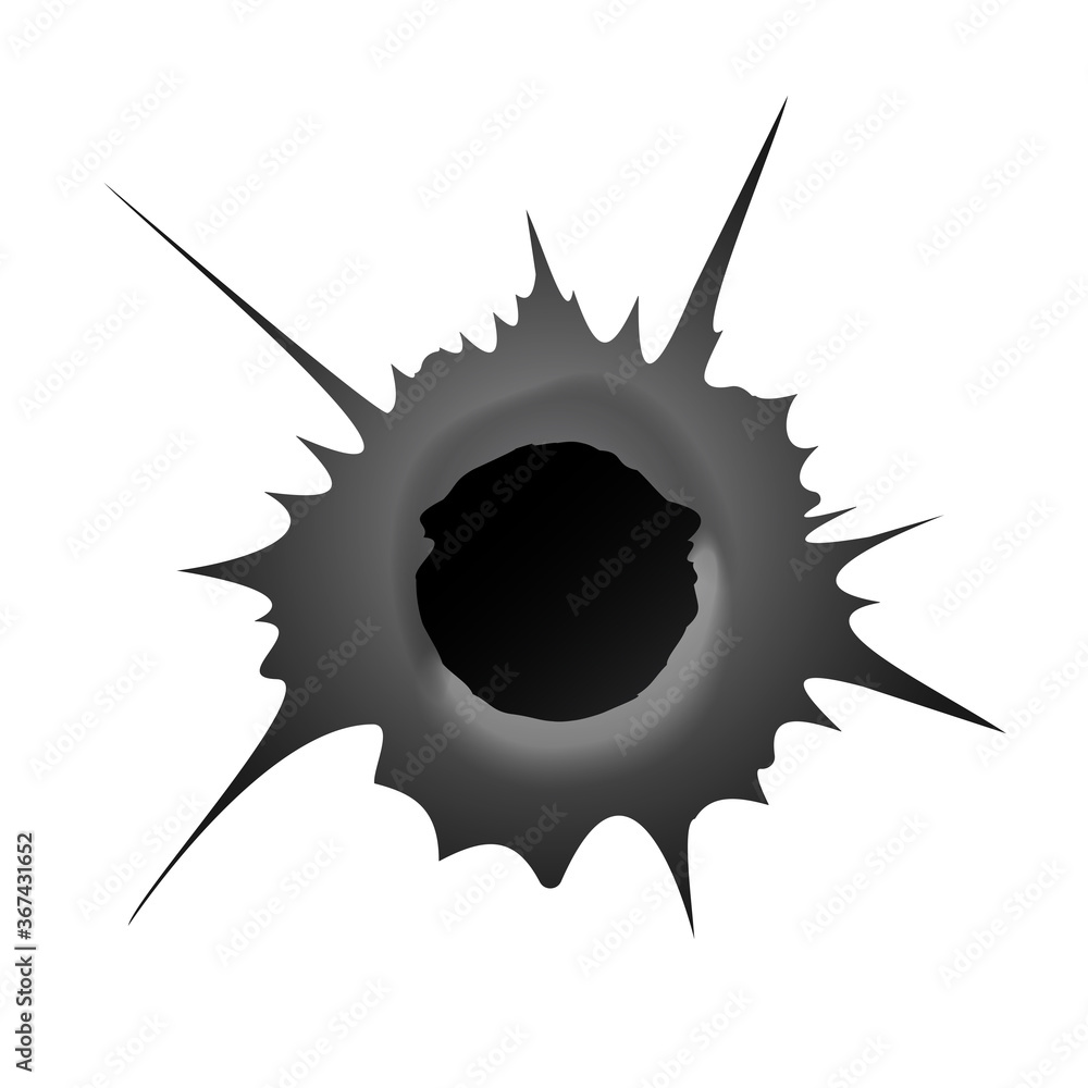 Bullet hole on white background. Realisic metal bullet hole, damage ...