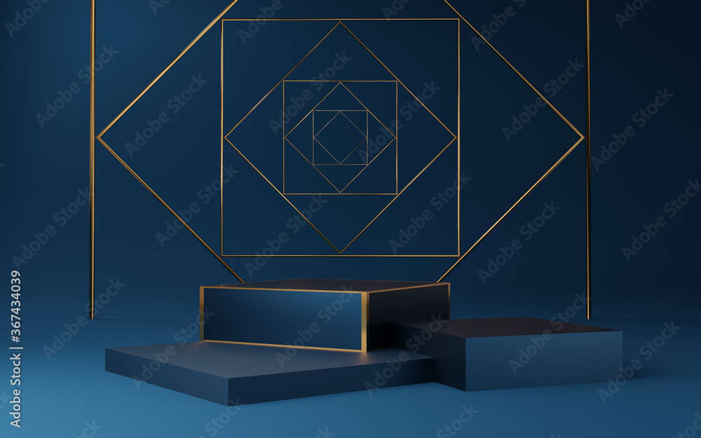 Empty blue cube podium with gold border and gold square on blue ...