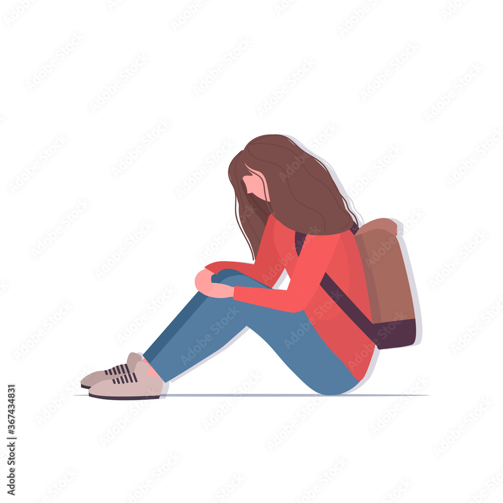 depressed schoolgirl with backpack crying depression problems stress ...