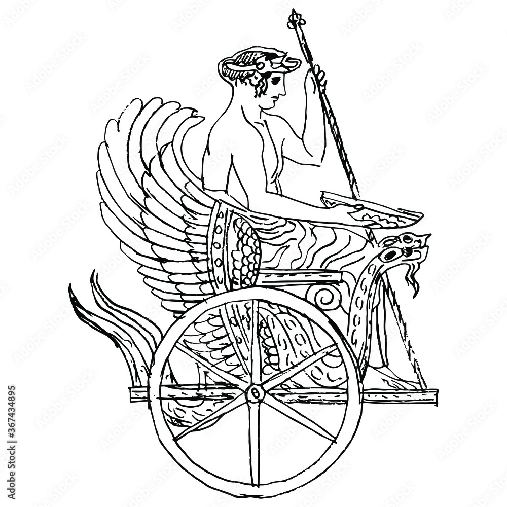 Ancient Greek hero Triptolemus sitting in a winged dragon snake chariot ...