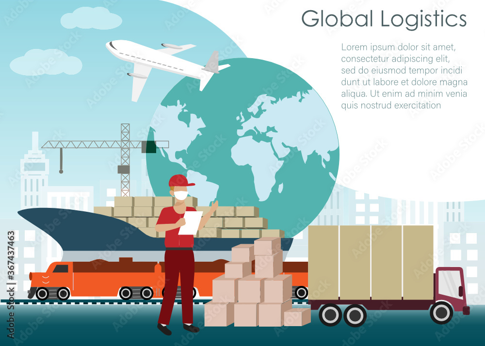 Global logistics concept. Shipping worker loading carton boxes in ...