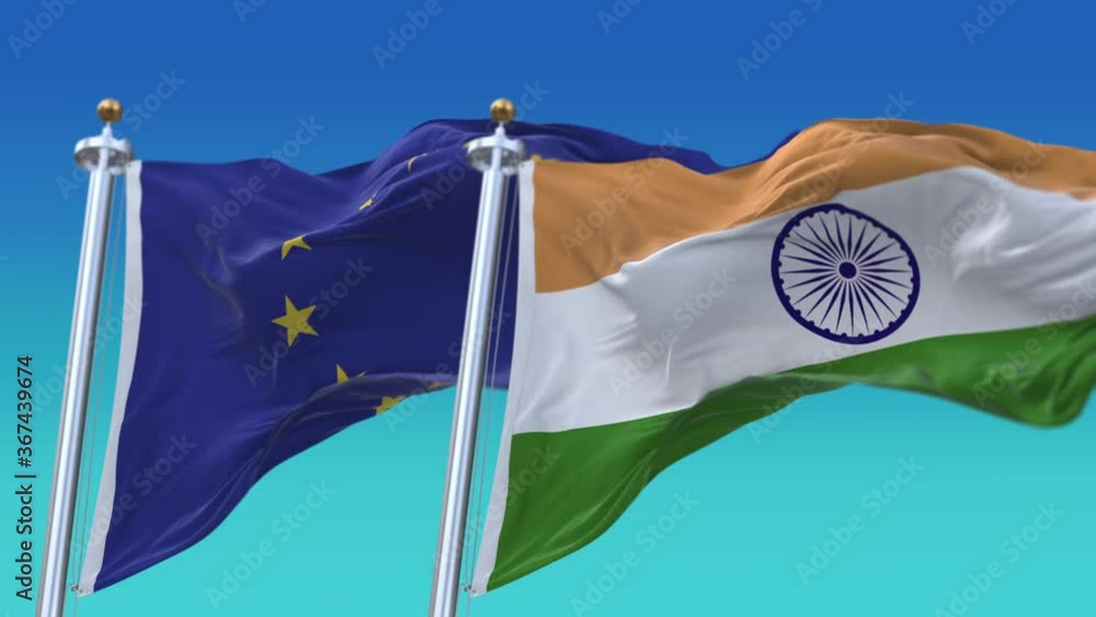 4k Seamless India and European Union Flags with blue sky background;A ...