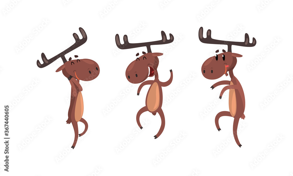 Set of Funny Brown Moose in Various Poses Set, Cute Elk Cartoon ...