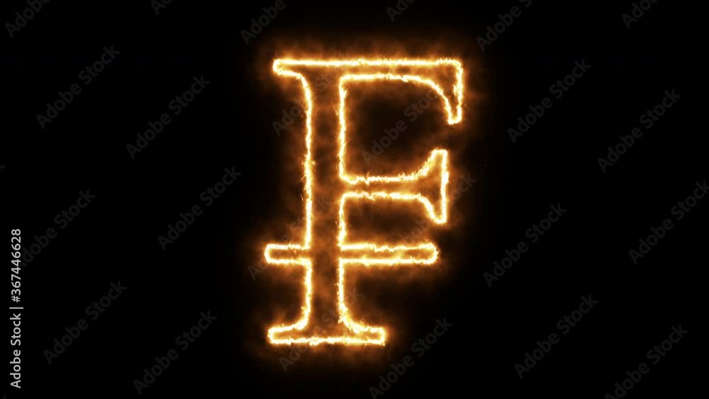 Franc symbol of burning flame. French franc symbol made from fire flame ...