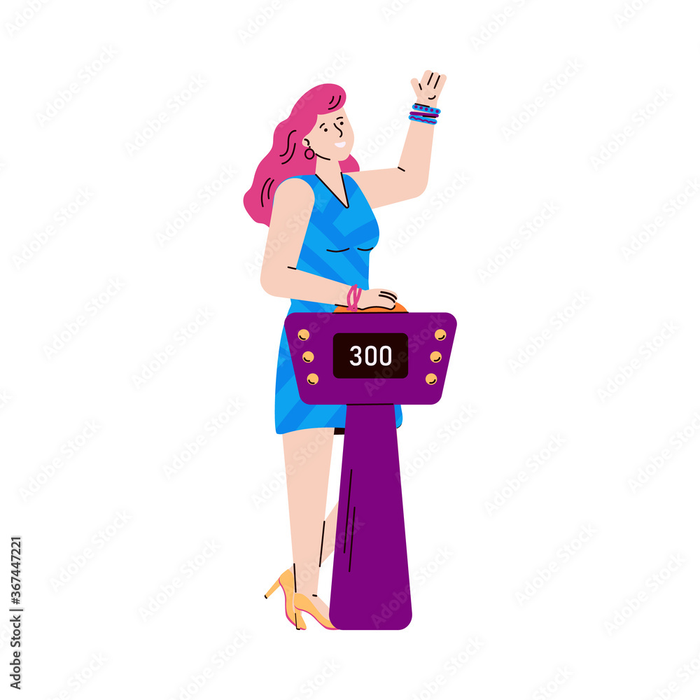 Quiz show intellectual game concept - woman player answering questions ...