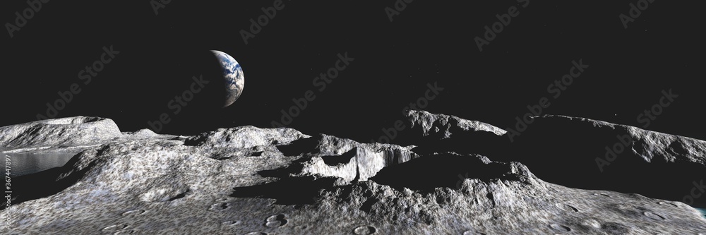 Moon surface panorama, lunar landscape, earth rise above the moon, 3d ...