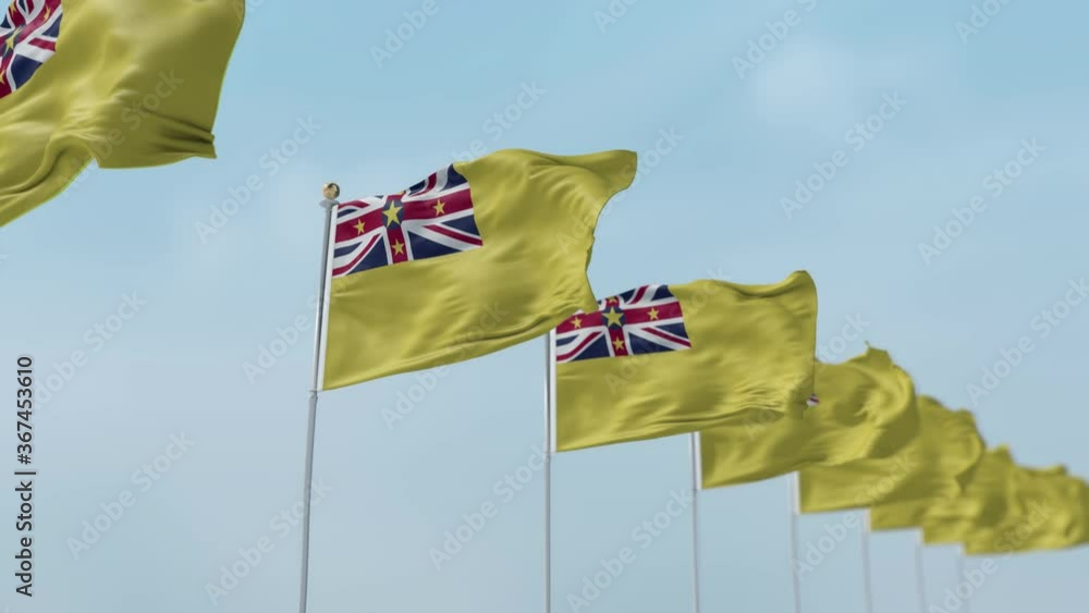 Row of waving flags of National flags of Niue with sky Background . -3D ...