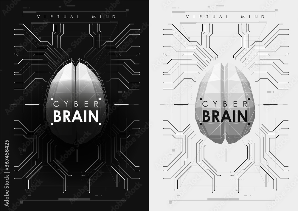 Black and white technology background with a brain. technology brain ...