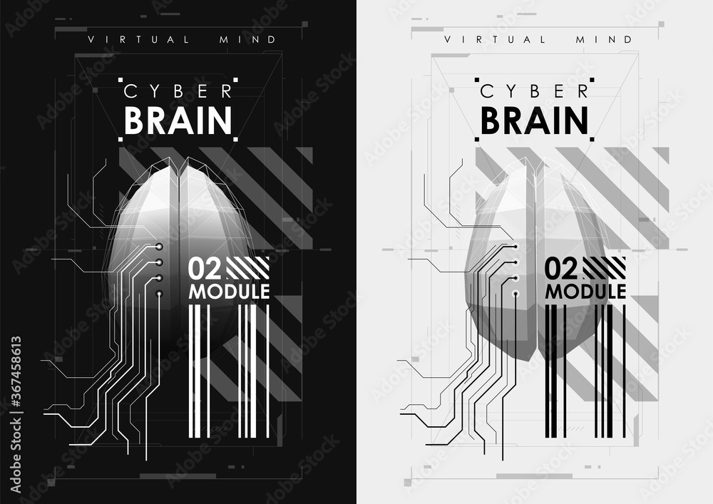 Black and white technology background with a brain. technology brain ...