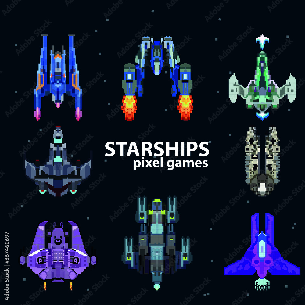 Set of starships from pixels, 8-bit game isolated on white background ...