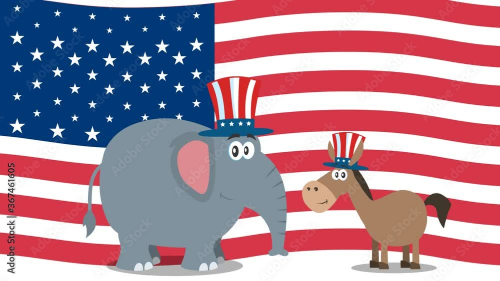 Political Elephant Republican And Donkey Democrat Over USA Flag. 4K ...