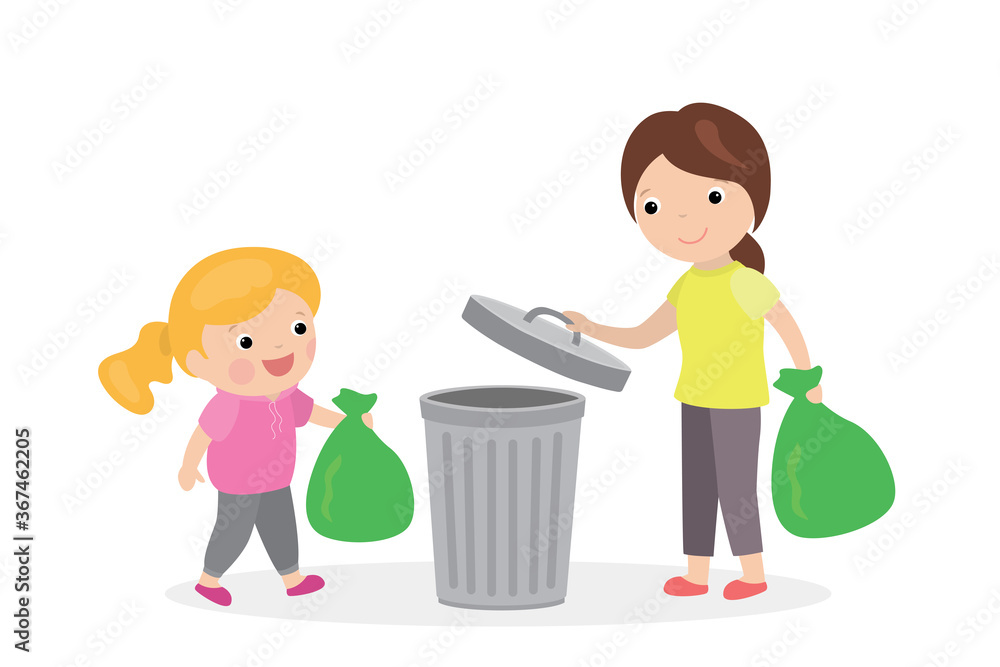 Happy Mother and daughter throw out the garbage. Cartoon open trash can ...