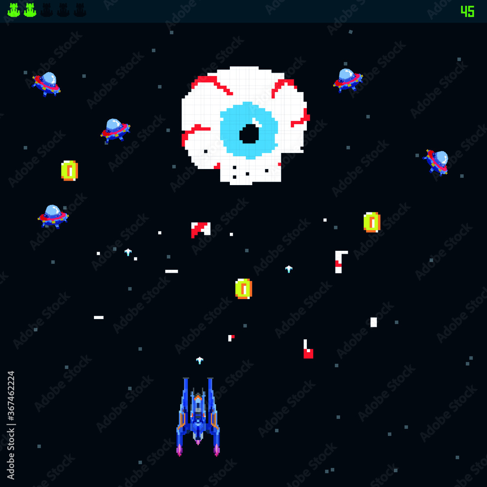 Boss battle in retro video games. military ships arcade, shooting, map ...