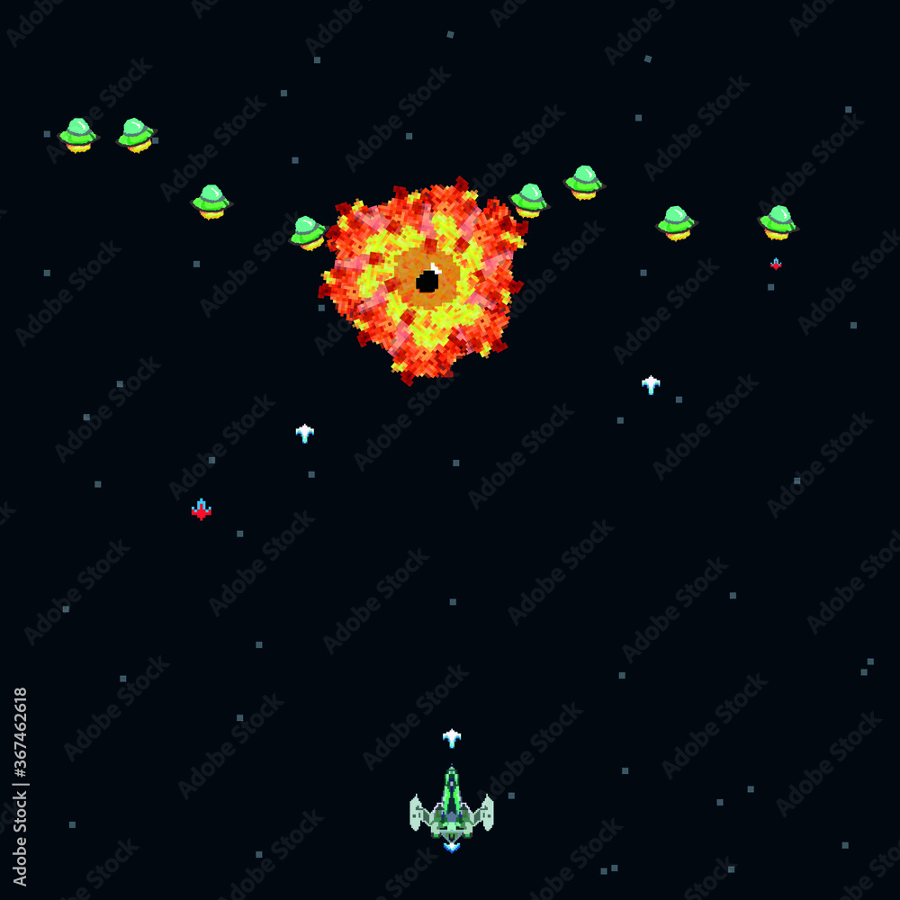 Boss battle in retro video games. military ships arcade, shooting, map ...