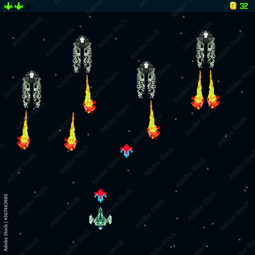 Boss battle in retro video games. military ships arcade, shooting, map ...