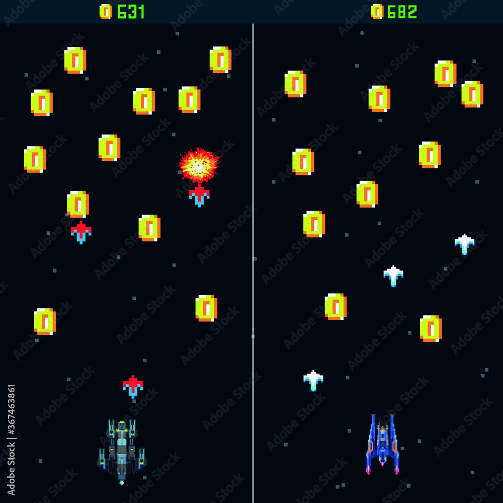 Pixel space game with coins. Pixel art, arcade game. template. A retro ...