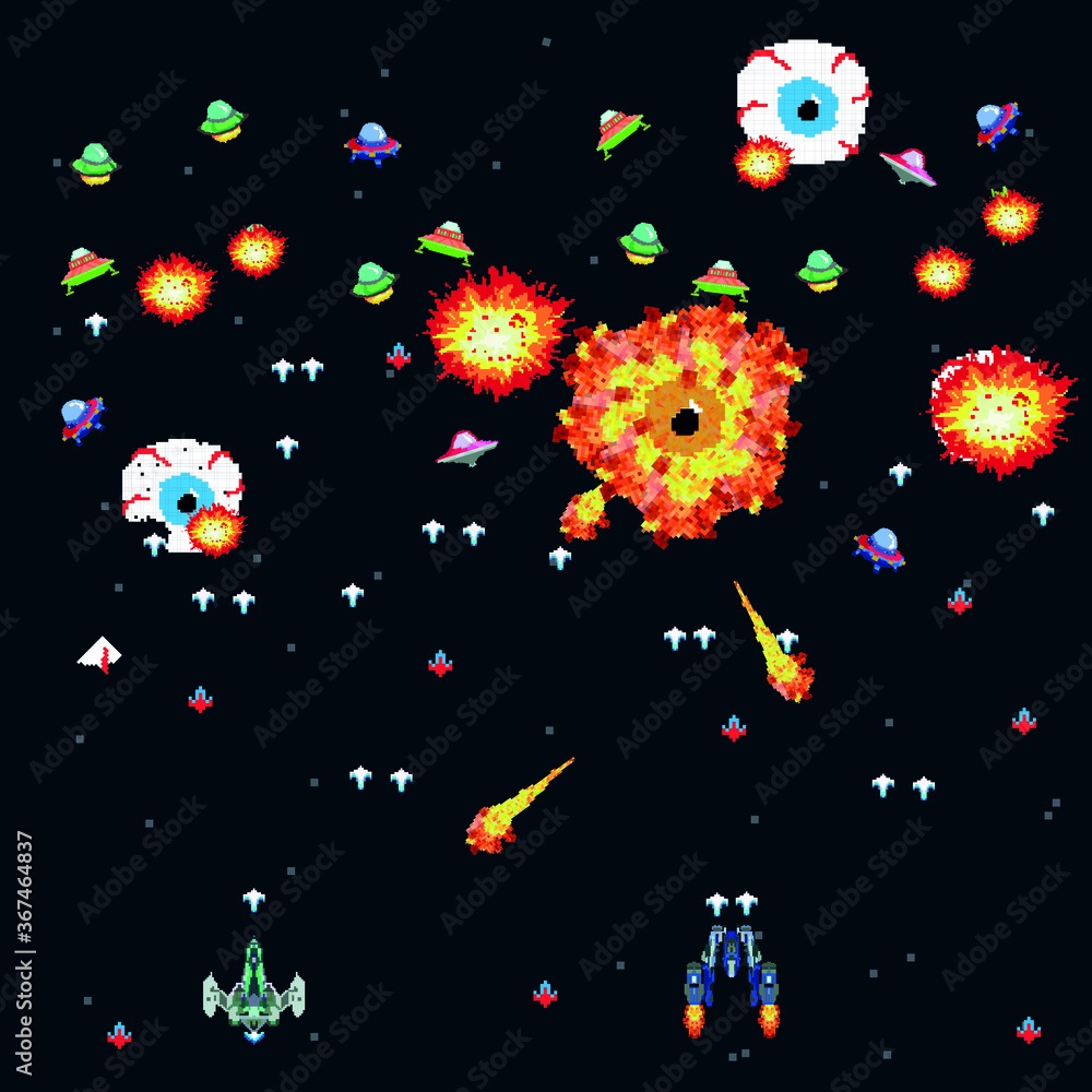 Boss battle in retro video games. military ships arcade, shooting, map ...