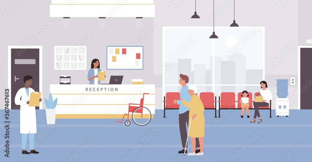 Reception hospital room flat vector illustration. Cartoon patient ...