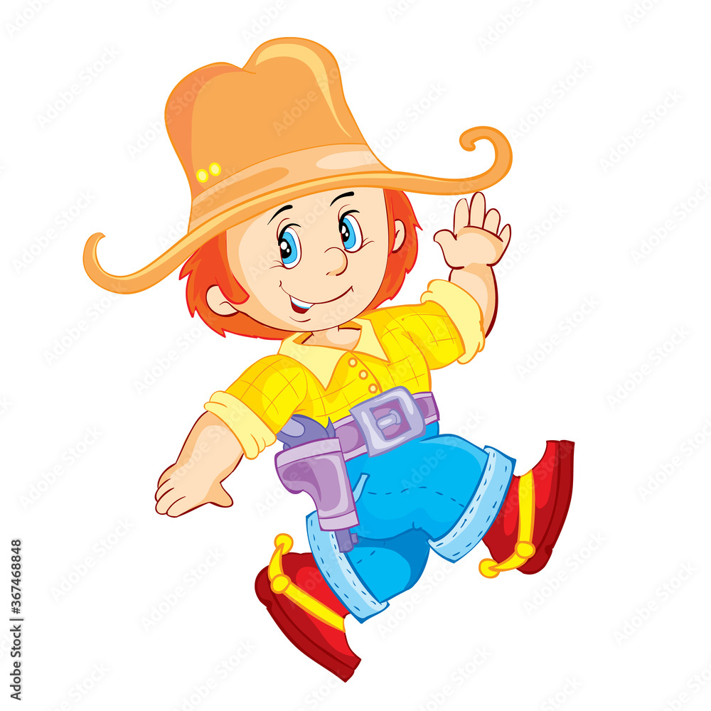 character of a cheerful cowboy in a big hat and with a holster, cartoon ...