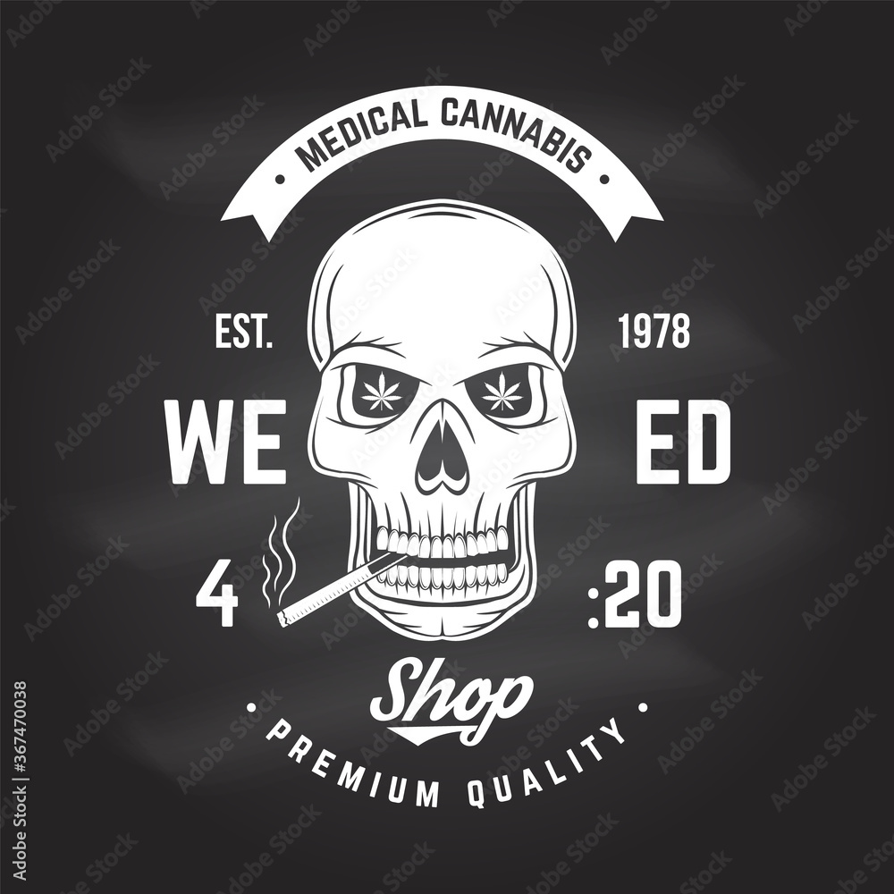Medical cannabis badge, label with skeleton skull, smoking marijuana ...