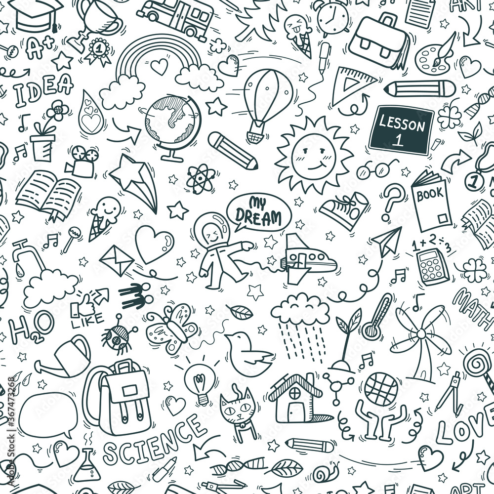 school doodle icons seamless pattern background. hand drawn education ...