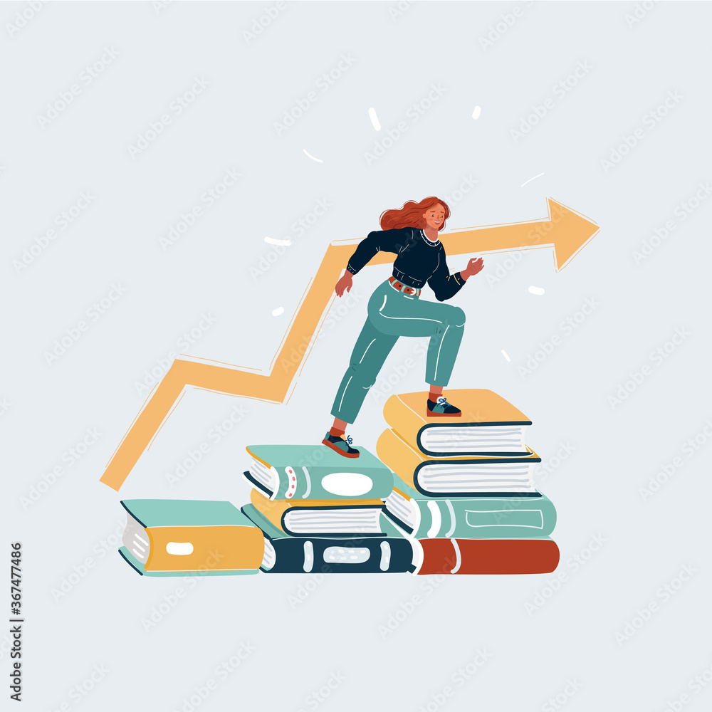 Cartoon illustration of Successfully woman going from one education ...