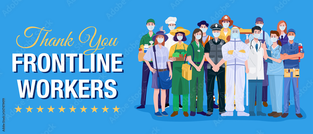 Thank You Frontliners Concept. Various occupations people wearing ...