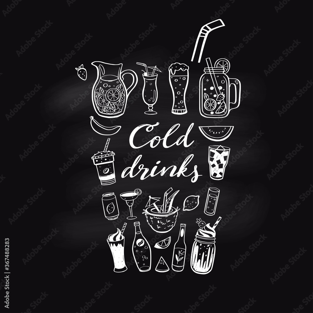 Vector hand drawn set of Cold drinks, summer cocktails and beverages ...