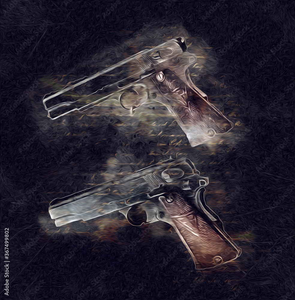 Revolver, hand drawn vintage gun illustration. Engraving style old ...