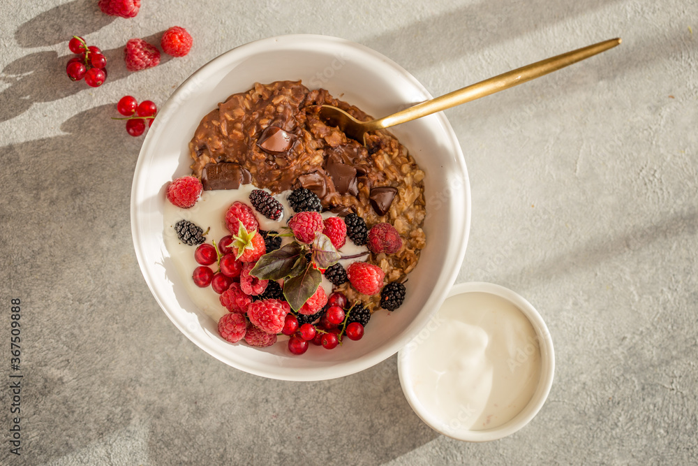 Breakfast chocolate oatmeal porridge with Labneh middle eastern ...