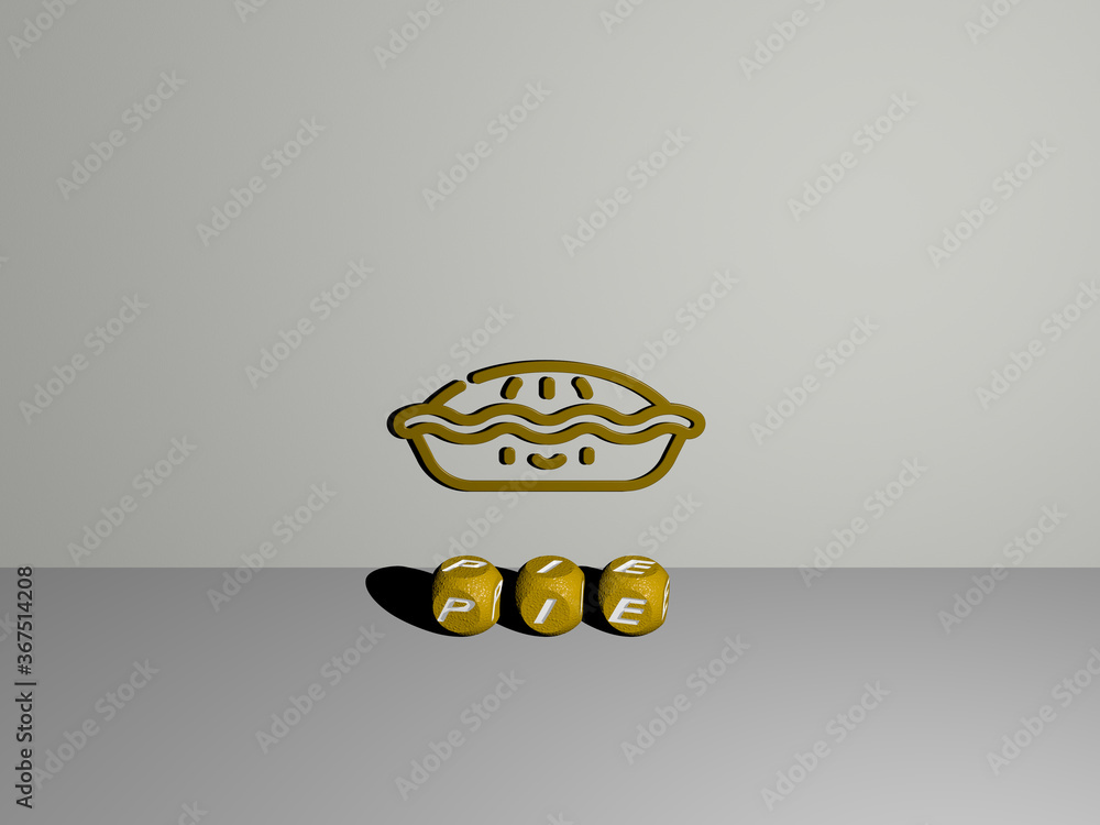 3D illustration of pie graphics and text made by metallic dice letters ...