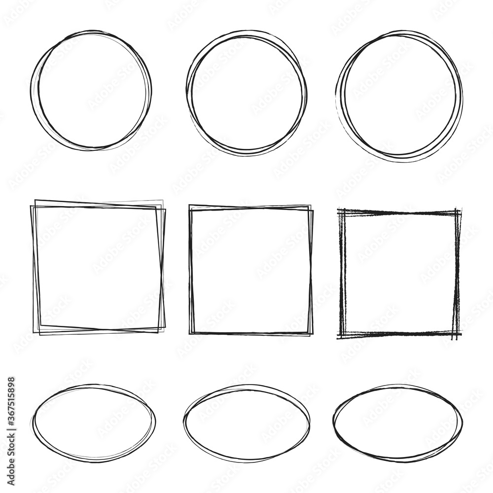 vector illustration of hand drawning circle, oval, square line sketch ...