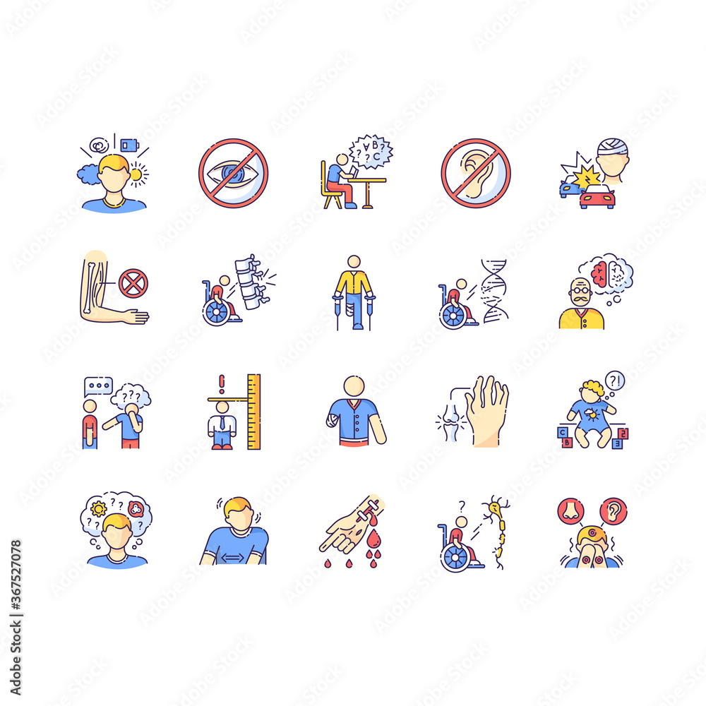Disability types RGB color icons set. Blindness and deafness ...