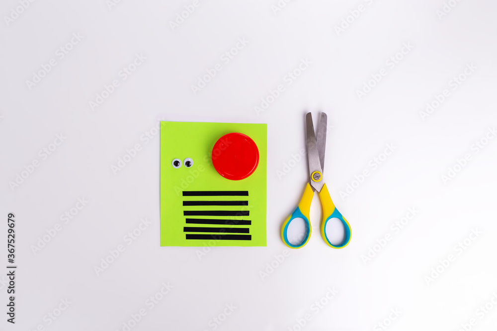easy craft from plastic cap, scissors, color paper, materials for kids ...