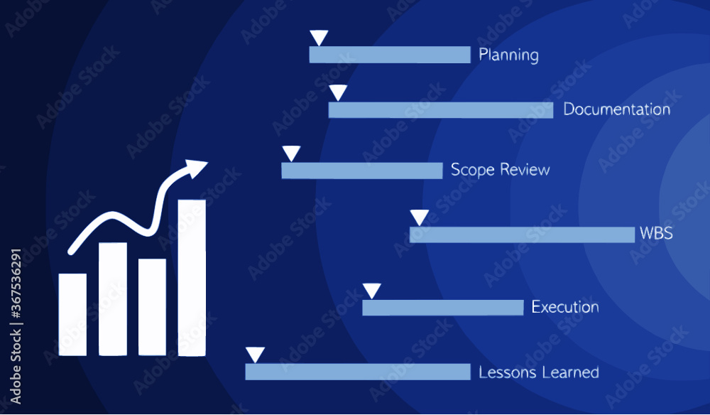Illustration showing a symbolic gantt chart and project value increase ...