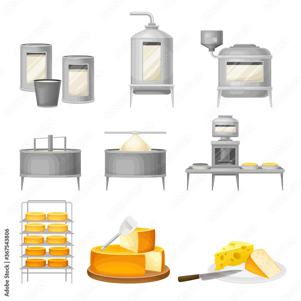 Cheese Production with Curdling and Ripening Stages Vector Set Stock ...