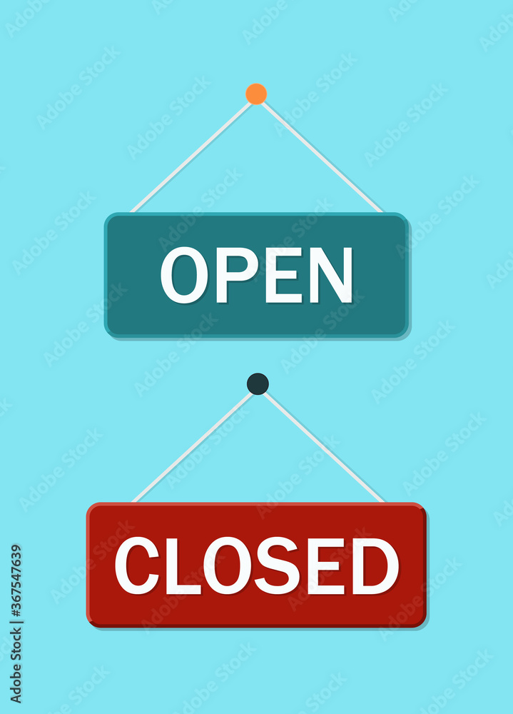 Shop notice of close and open. Hang signage on office, cafe, restaurant ...