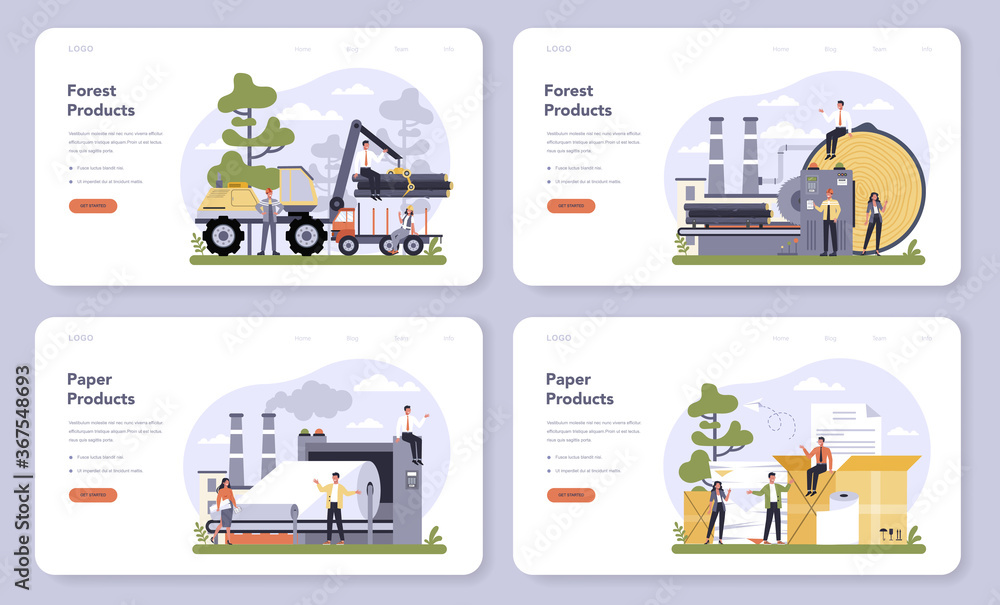 Paper production and wood industry web banner or landing page set ...