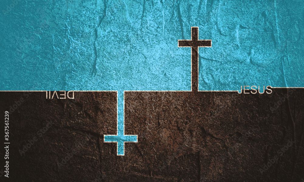 Jesus vs Devil. Confrontation of well and evil. Cross and text. Thin ...