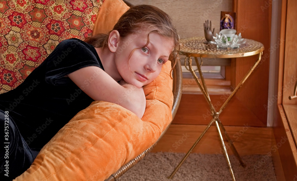 This pretty 9 year old Caucasian girl portrait with brunette hair and ...