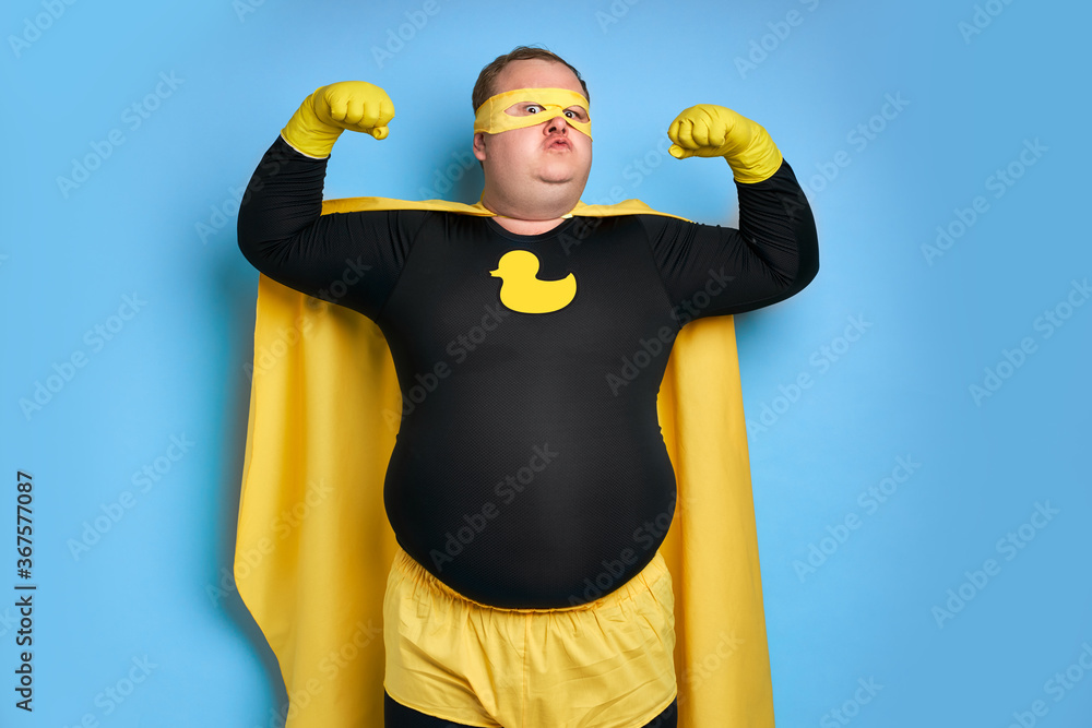 let's save the planet from dirt portrait of cleaning fat man in yellow ...