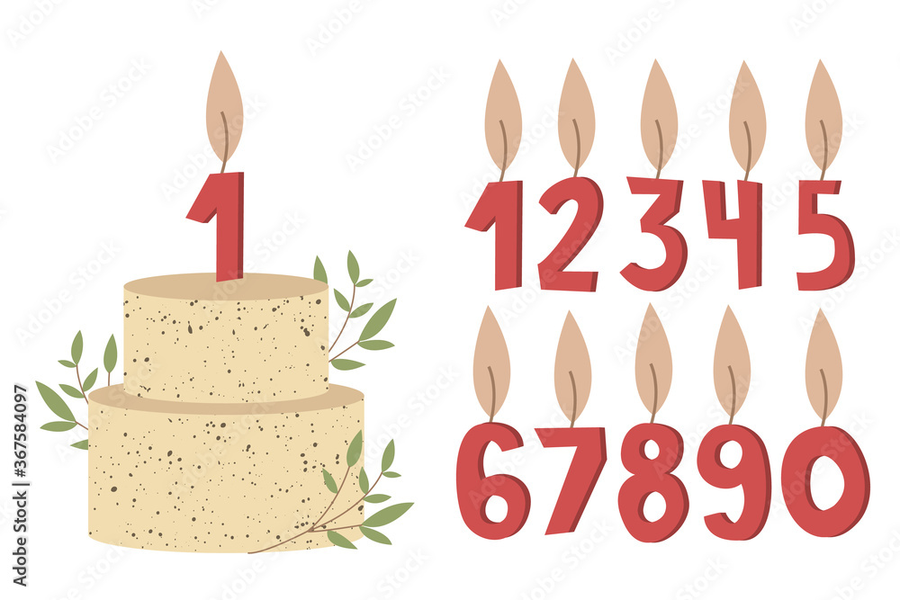 Number shaped candles. Birthday cake with leaves for girl. Set of ...