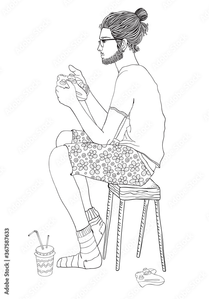 Young man sitting and playing a computer game. Gamer. Programmer ...