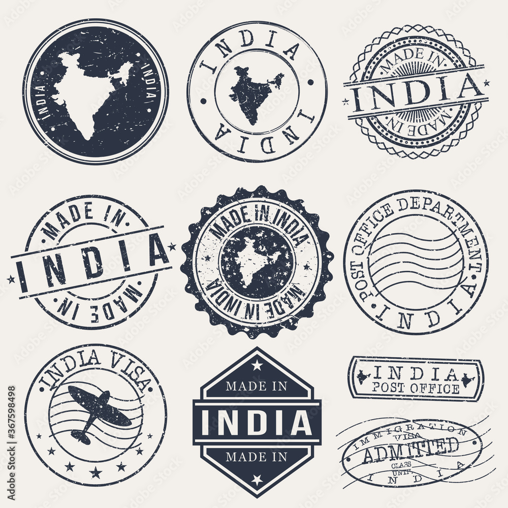 India Set of Stamps. Travel Passport Stamp. Made In Product. Design ...