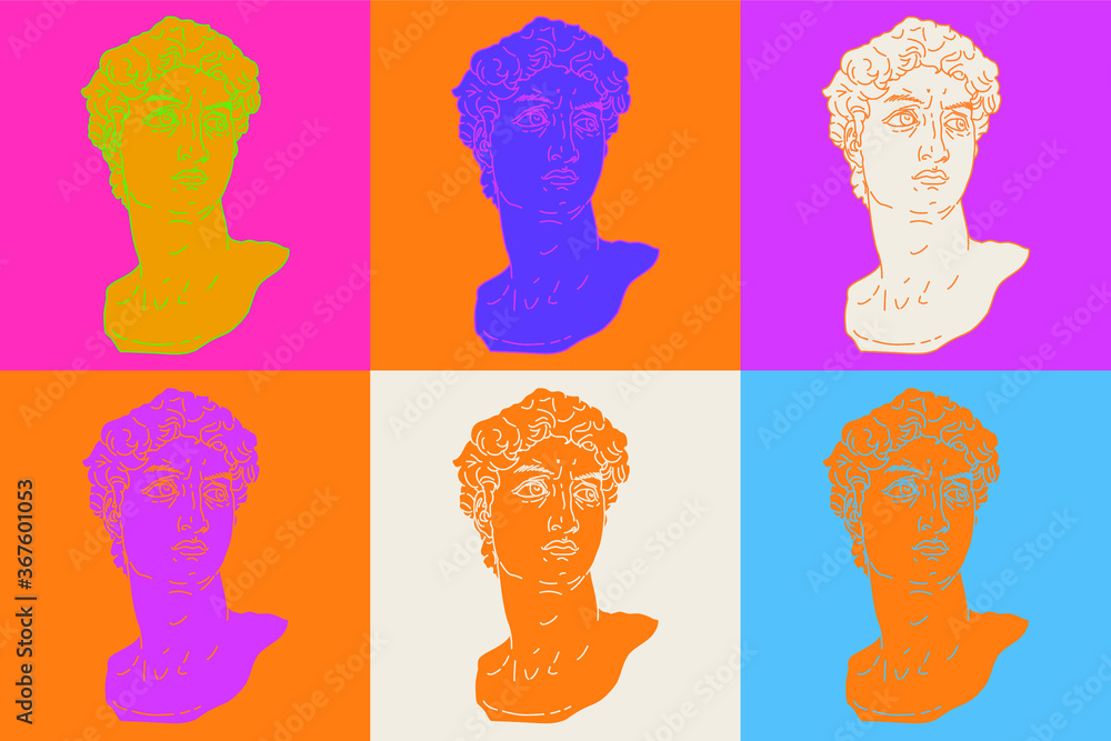 Pop art style collage with colorful gypsum heads. Trippy Retro Print ...