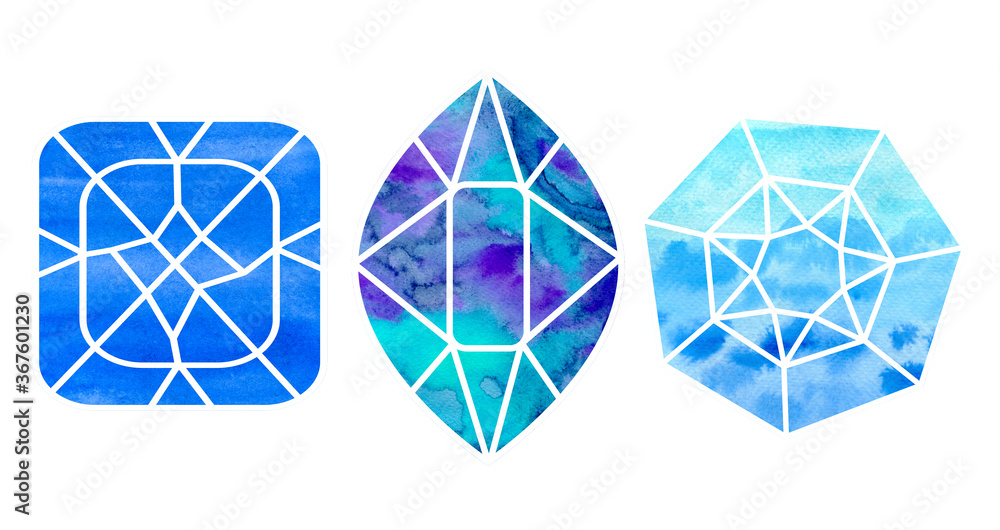 Bright colorfull watercolor diamonds set isolated on white backgrounds ...