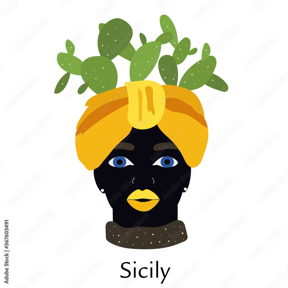 Traditional sicilian vase with moor head and cacti. Moorish, woman face ...