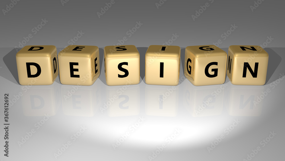 3D illustration of Design graphics and text made by metallic dice ...